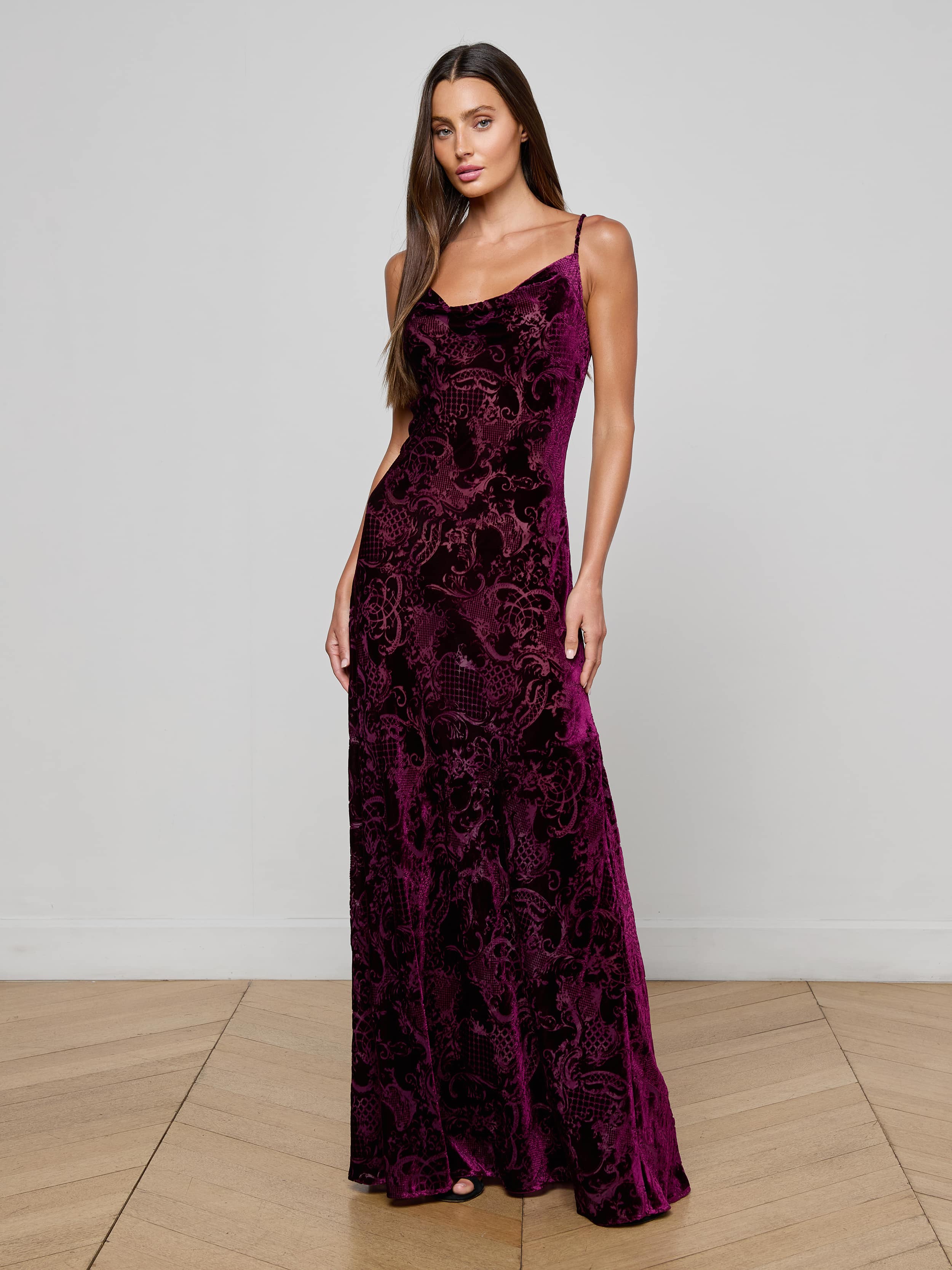 L'Agence Christine Burnout Velvet Gown In Dark Port Rococo - 50